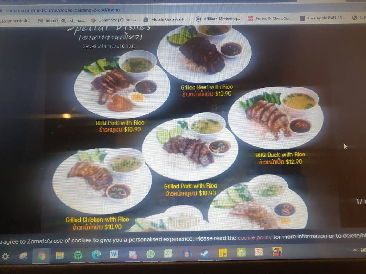 Menu at Dodee Paidang restaurant, Melbourne