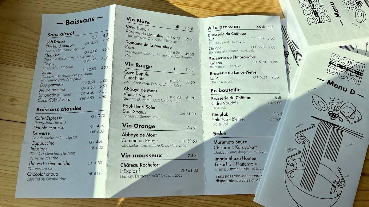 Menu au Doki Doki, Lausanne