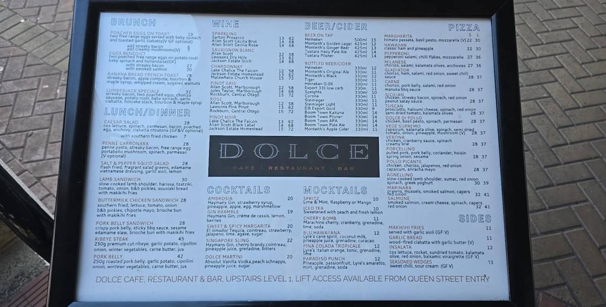Menu at Dolce Cafe, Restaurant & Bar, Blenheim