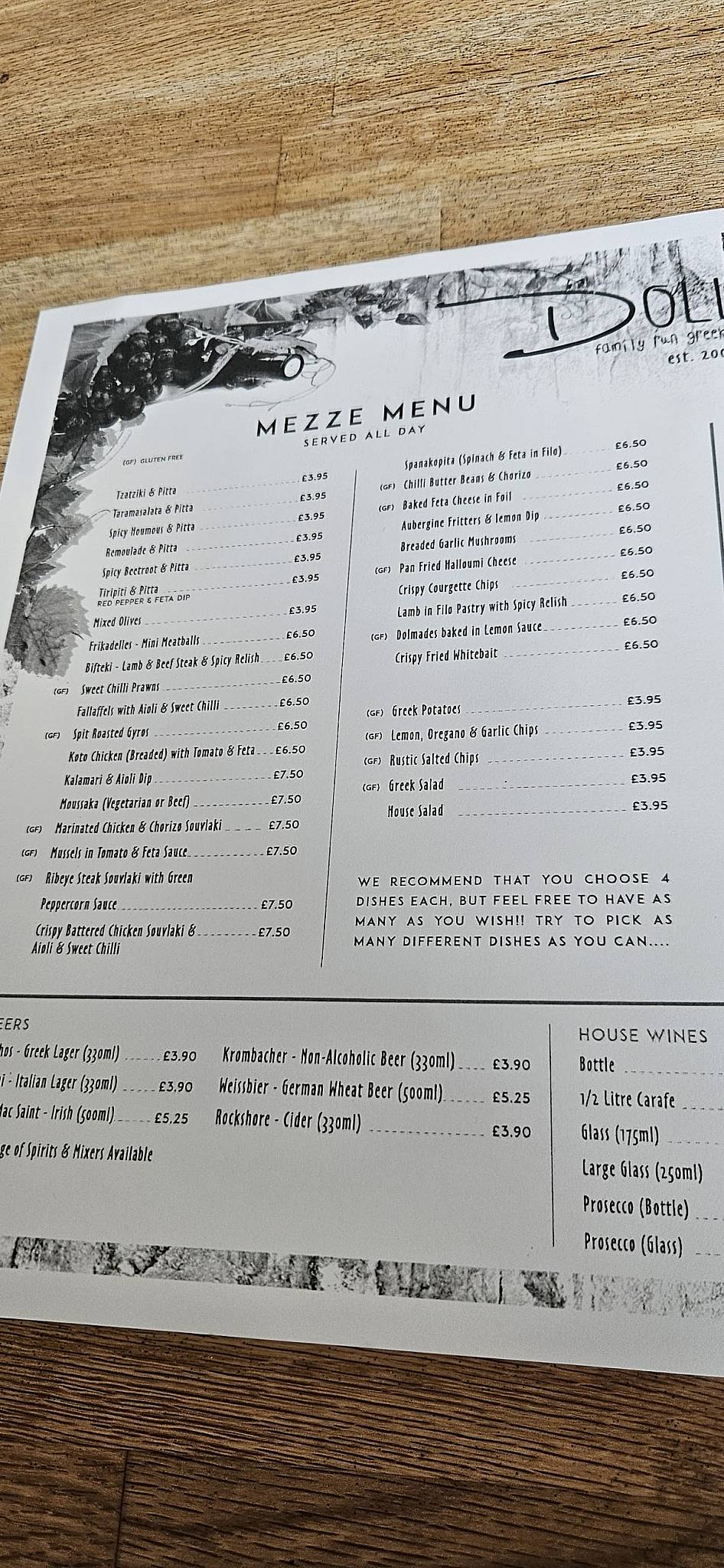Menu at Dollakis restaurant, Enniskillen