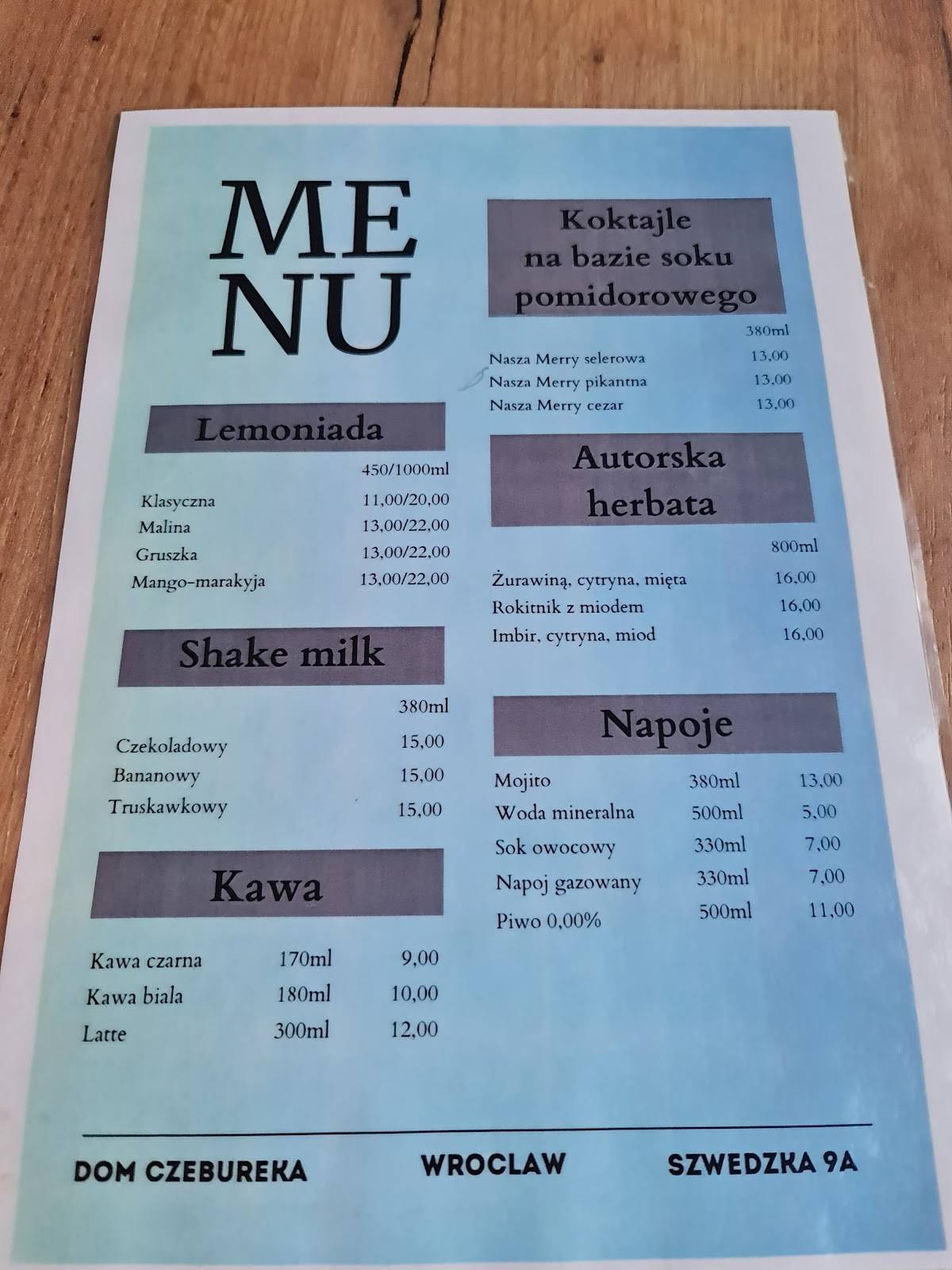 Menu at Dom Czebureka restaurant, Wrocław