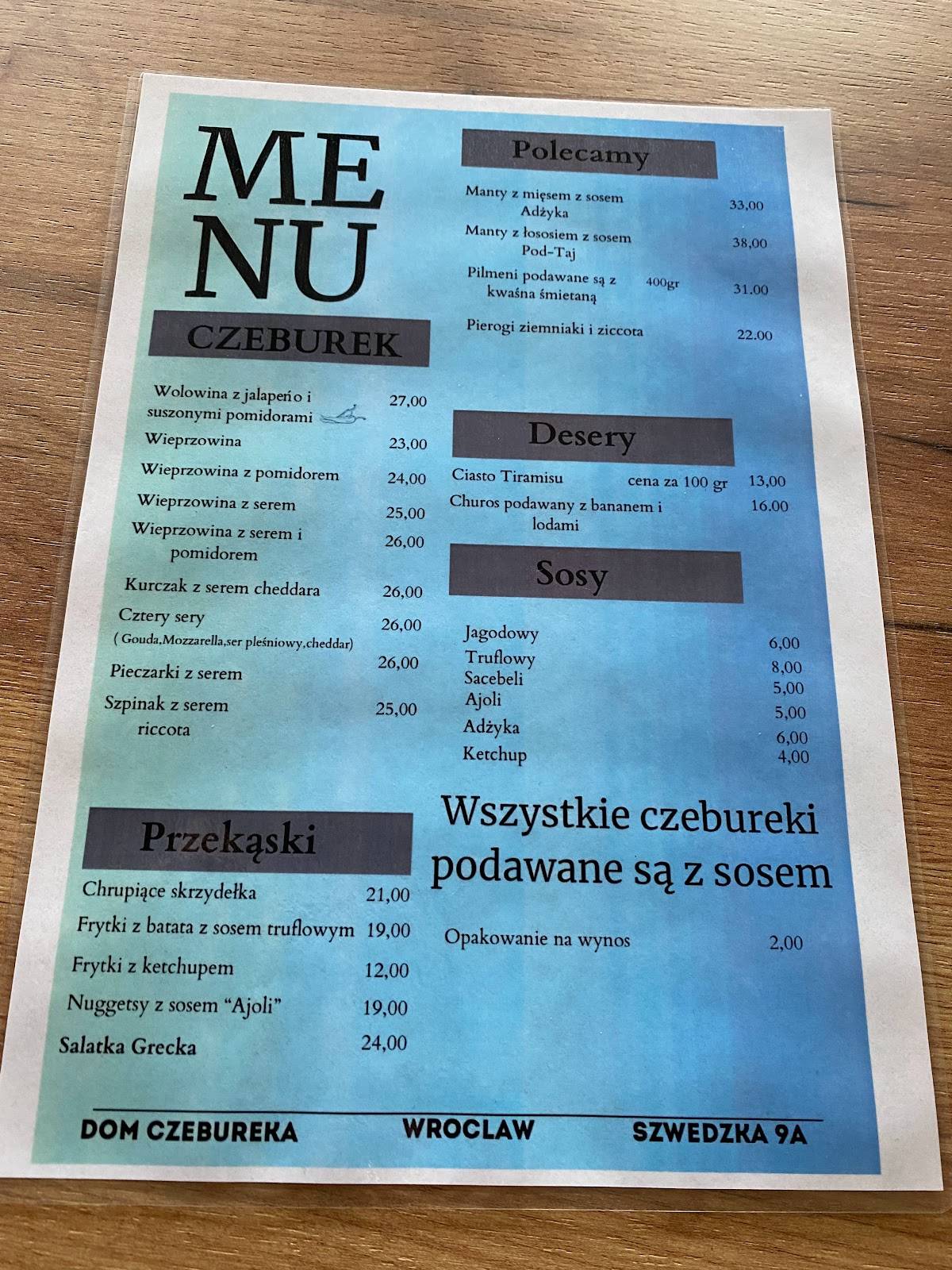 Menu at Dom Czebureka restaurant, Wrocław
