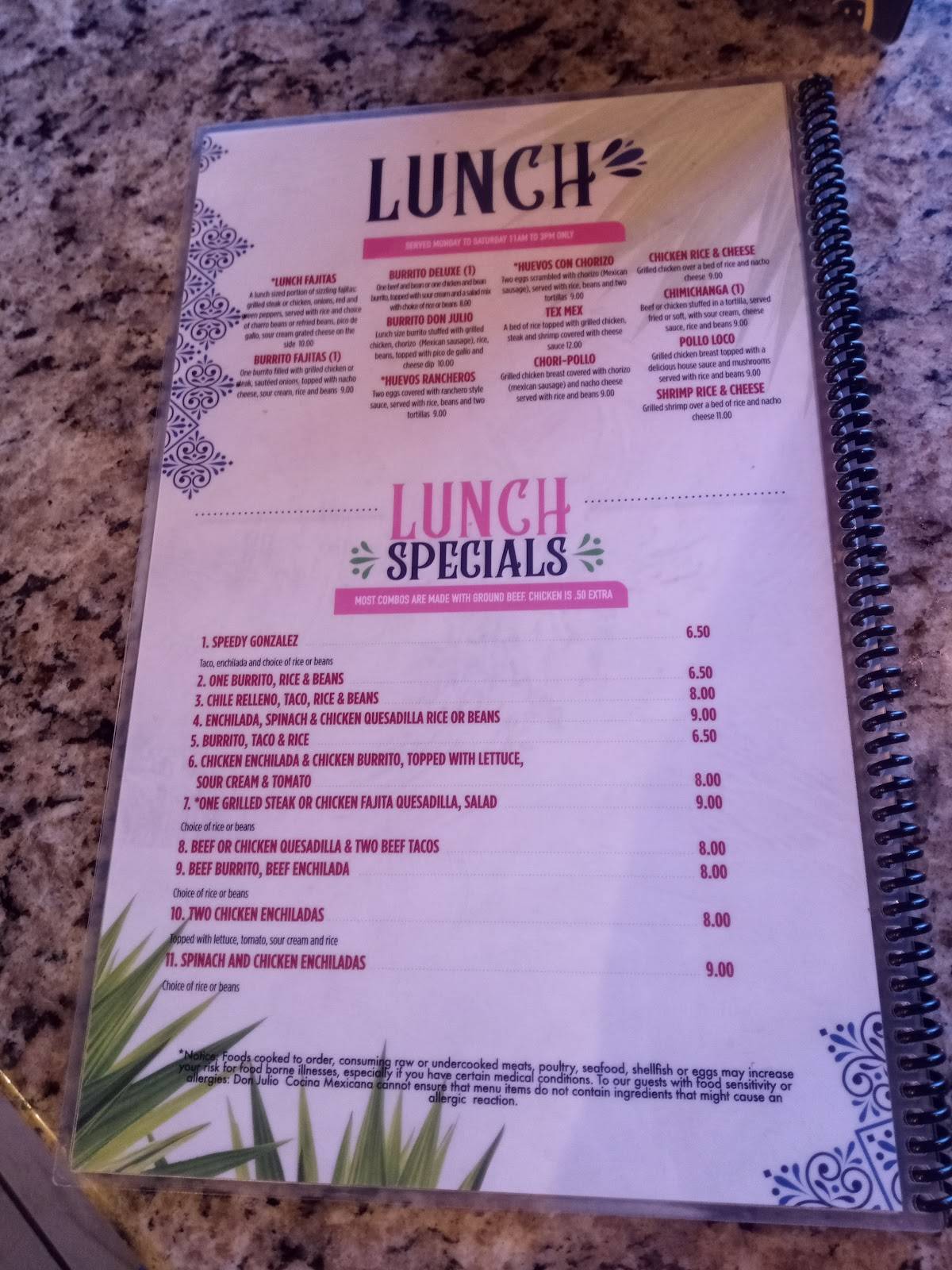 Menu at Don Julio Cocina Mexicana restaurant, Asheboro