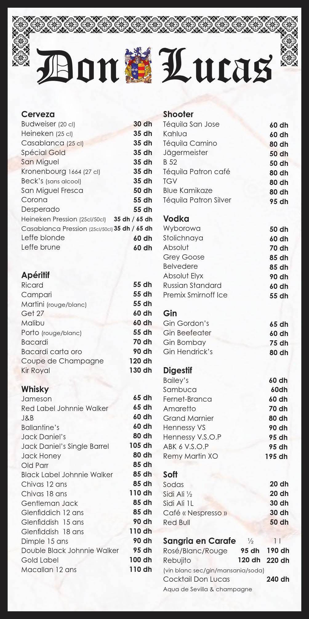 Menu au Don Lucas restaurant, Casablanca