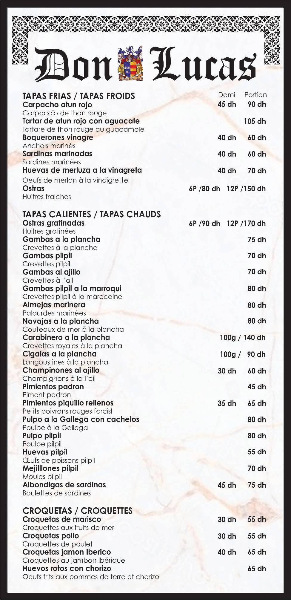 Menu au Don Lucas restaurant, Casablanca