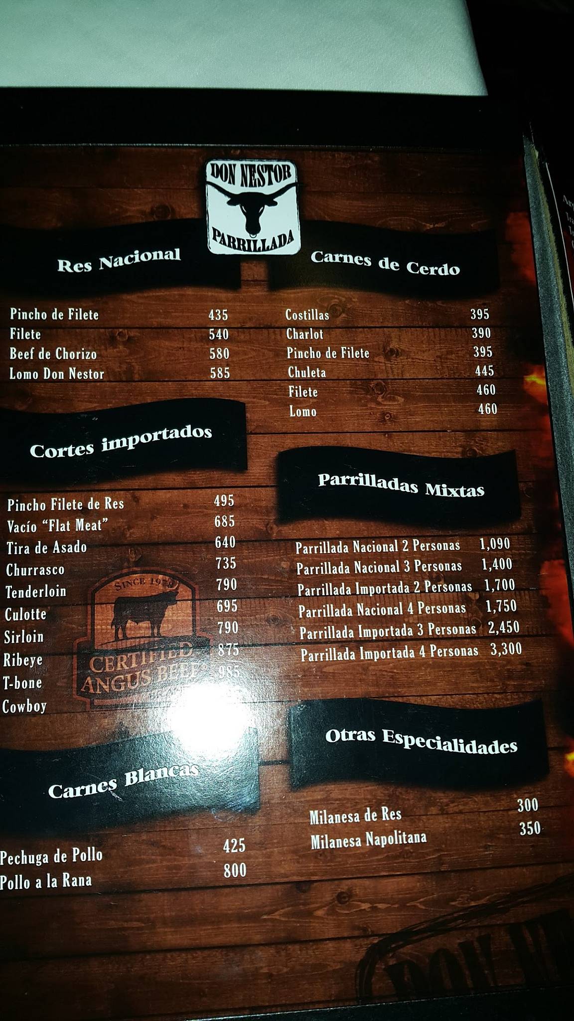Menu at Don Nestor Parrillada, Santo Domingo, Av. Lope de Vega 13