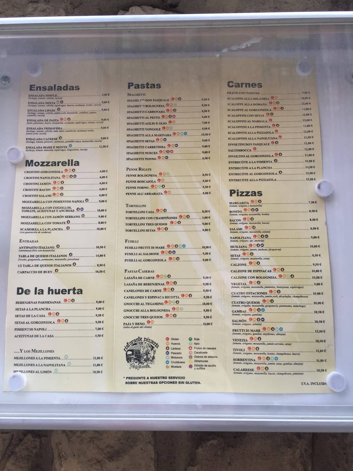 Carta del restaurante Don Pasquale, Aviles