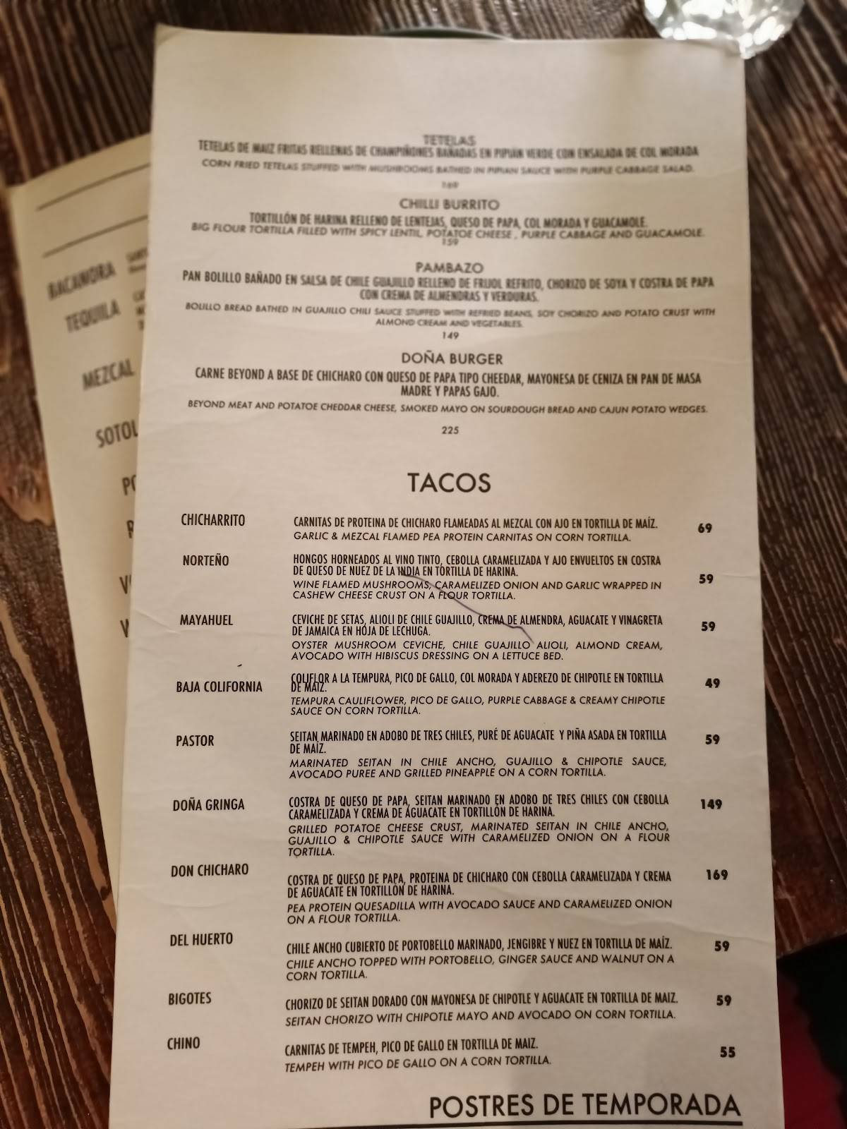 Menu at Don Taco Tequila restaurant, San Miguel de Allende