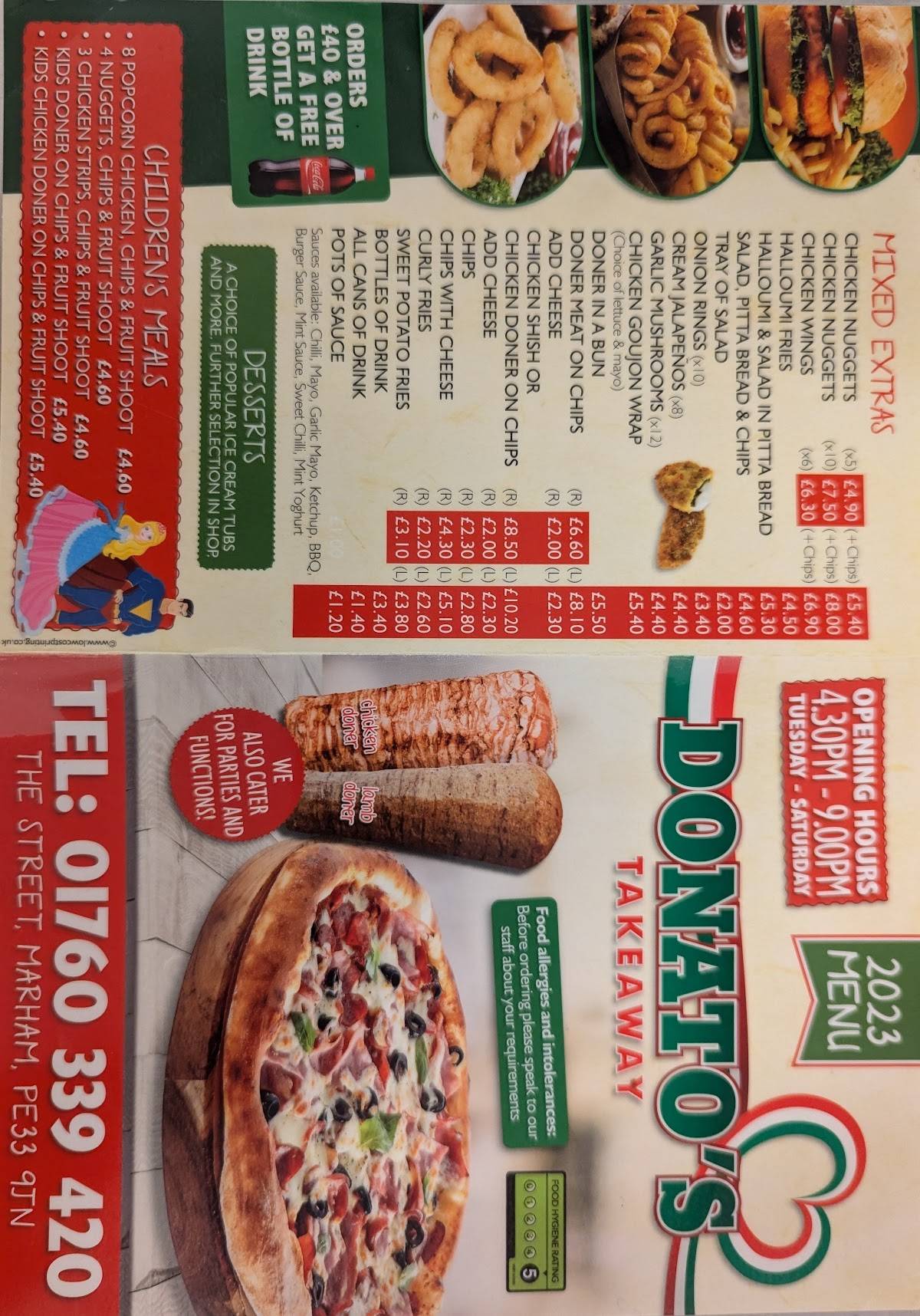 Menu at Donato's Pizza & Kebab House fast food, Marham