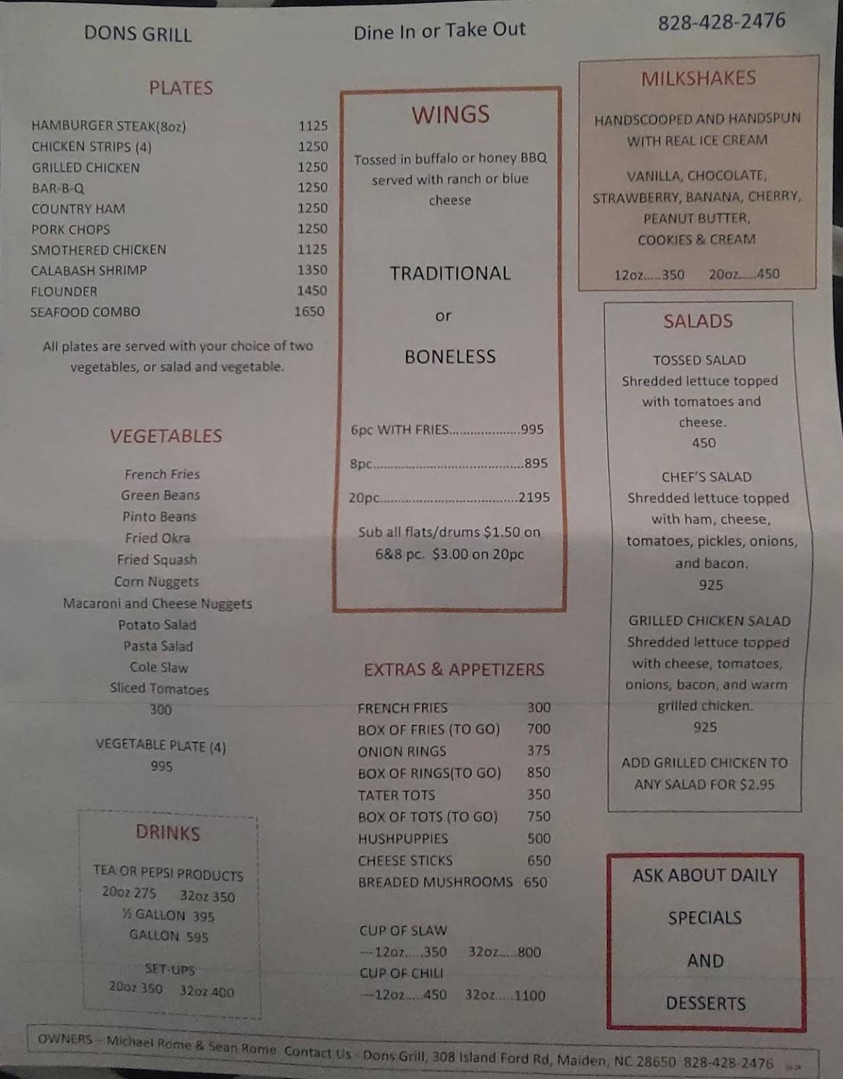 Menu at Don's Grill fast food, Maiden