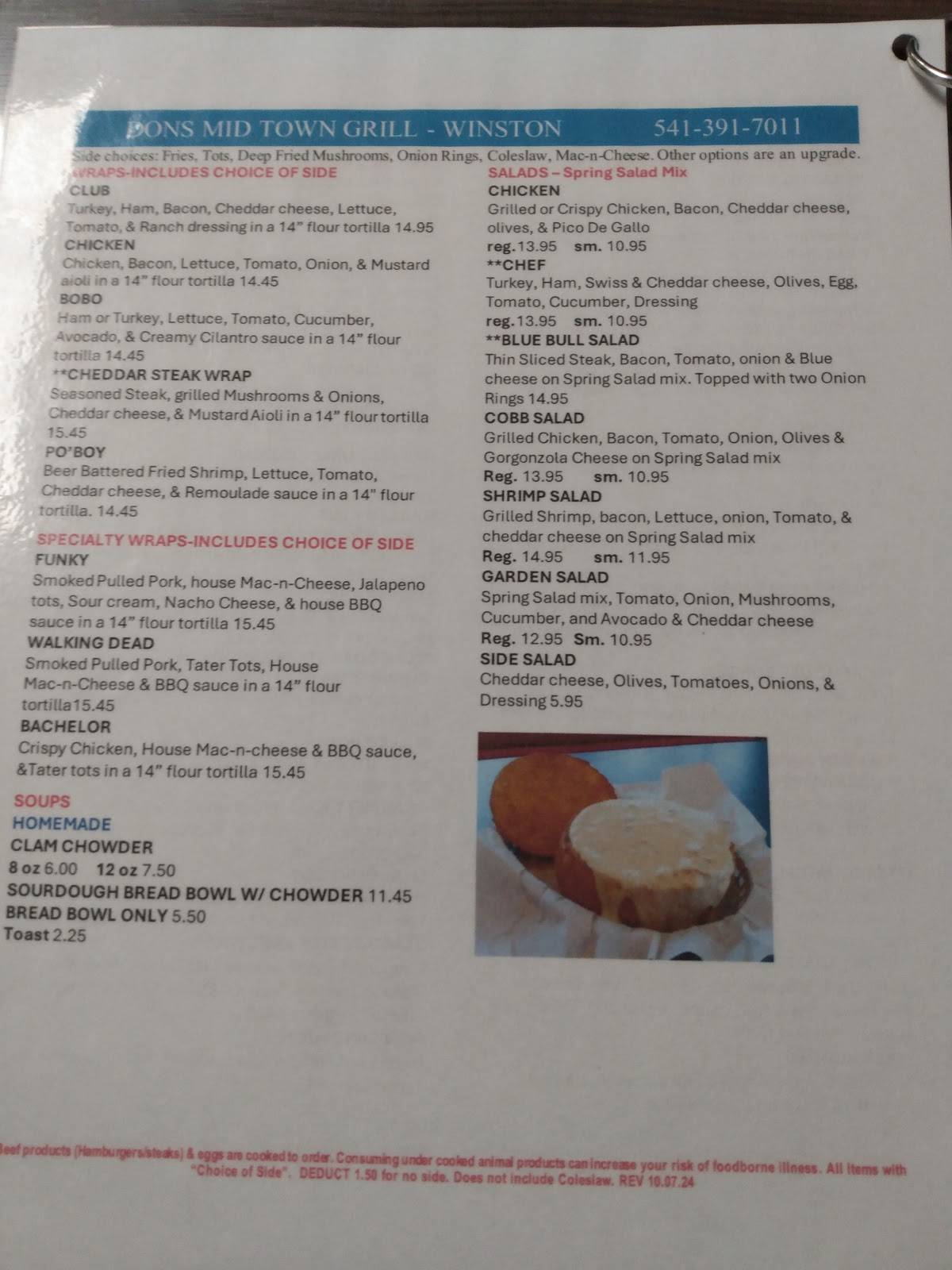 Menu at Don's Mid Town Grill restaurant, Winston