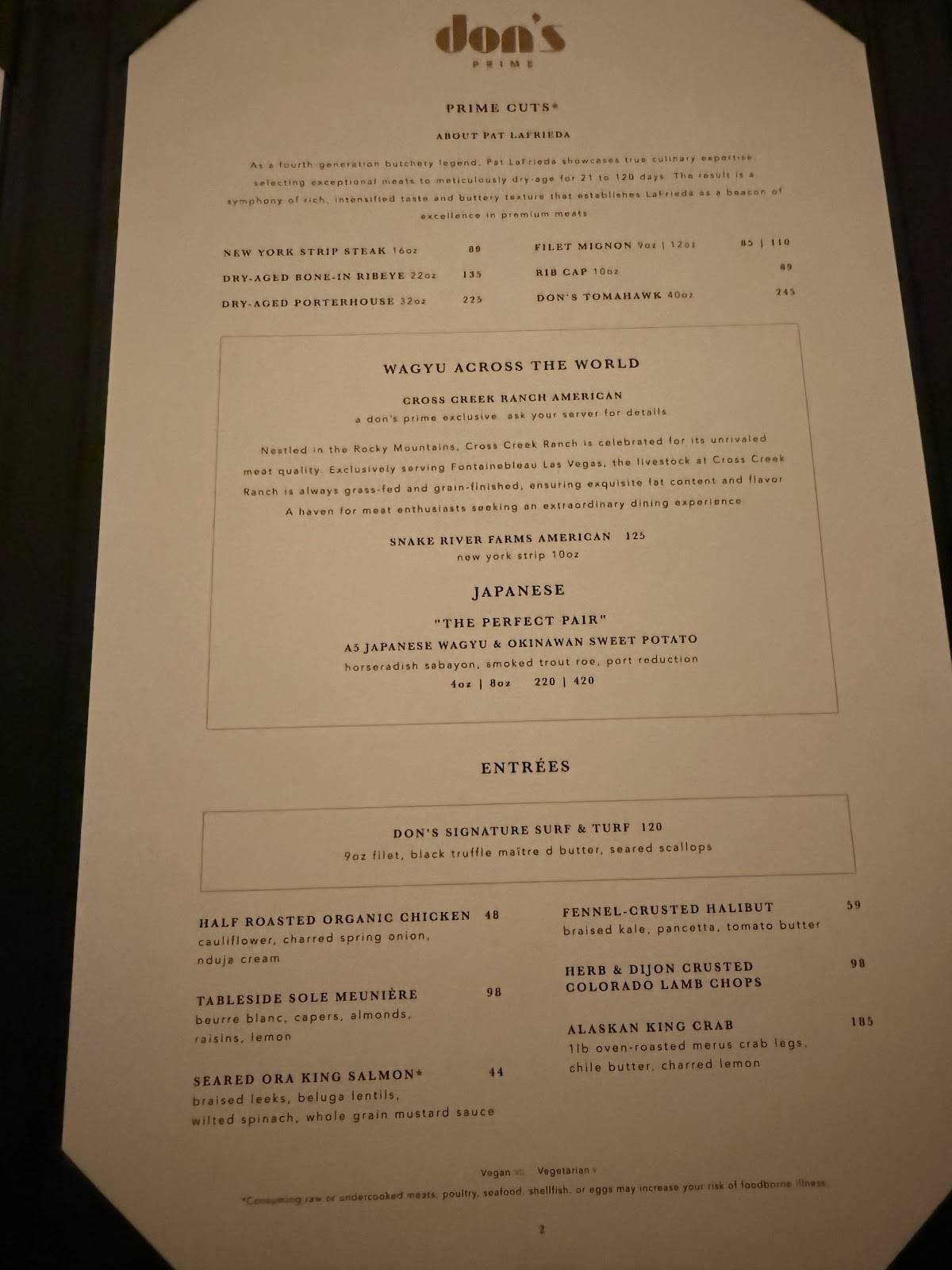 Menu at Don's Prime steakhouse, Las Vegas