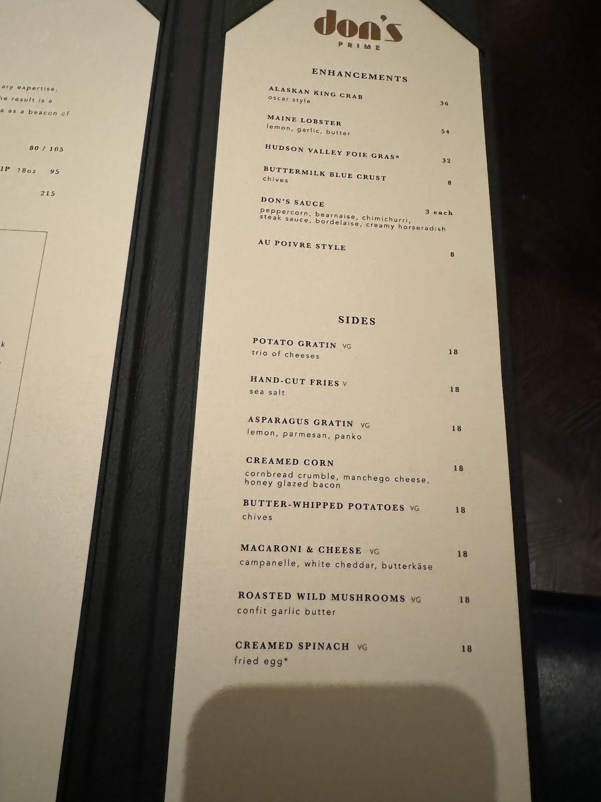 Menu at Don's Prime steakhouse, Las Vegas