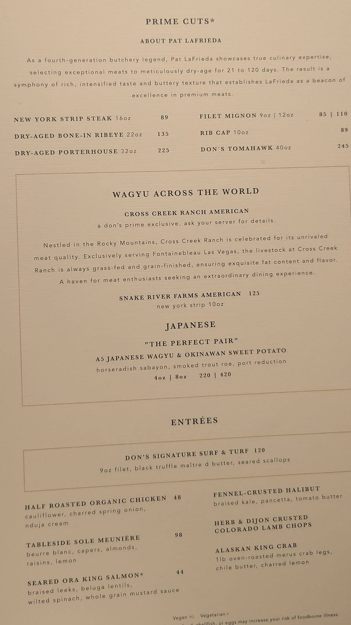 Menu at Don's Prime steakhouse, Las Vegas