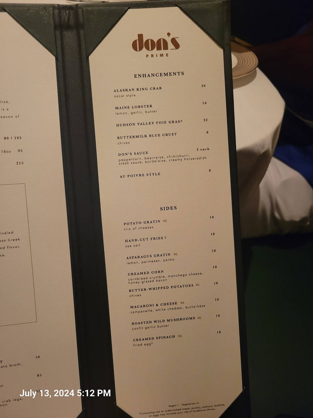 Menu at Don's Prime steakhouse, Las Vegas