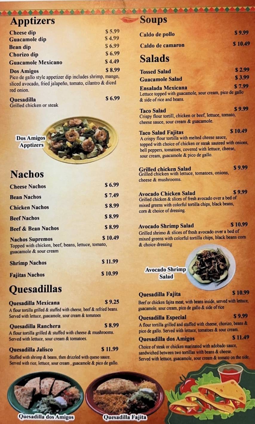 Menu at Dos Amigos restaurant, Sterling