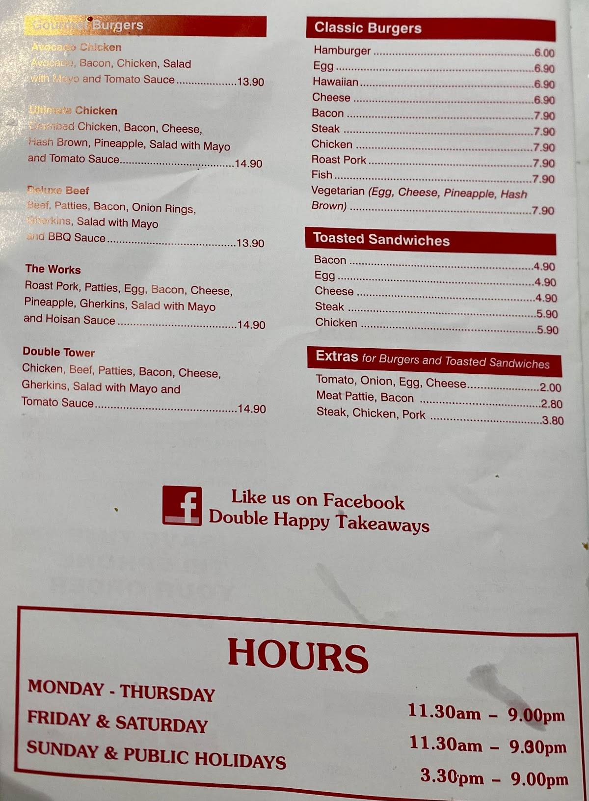 Menu at Double Happy Chinese Takeaways fast food, Auckland