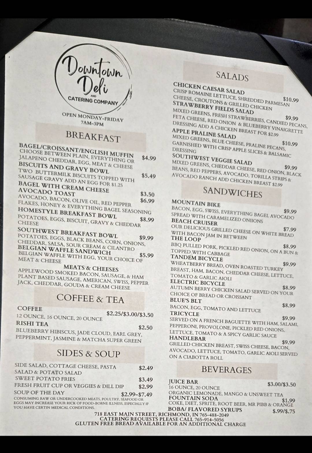 Menu at Downtown Deli & Catering Co. restaurant, Richmond