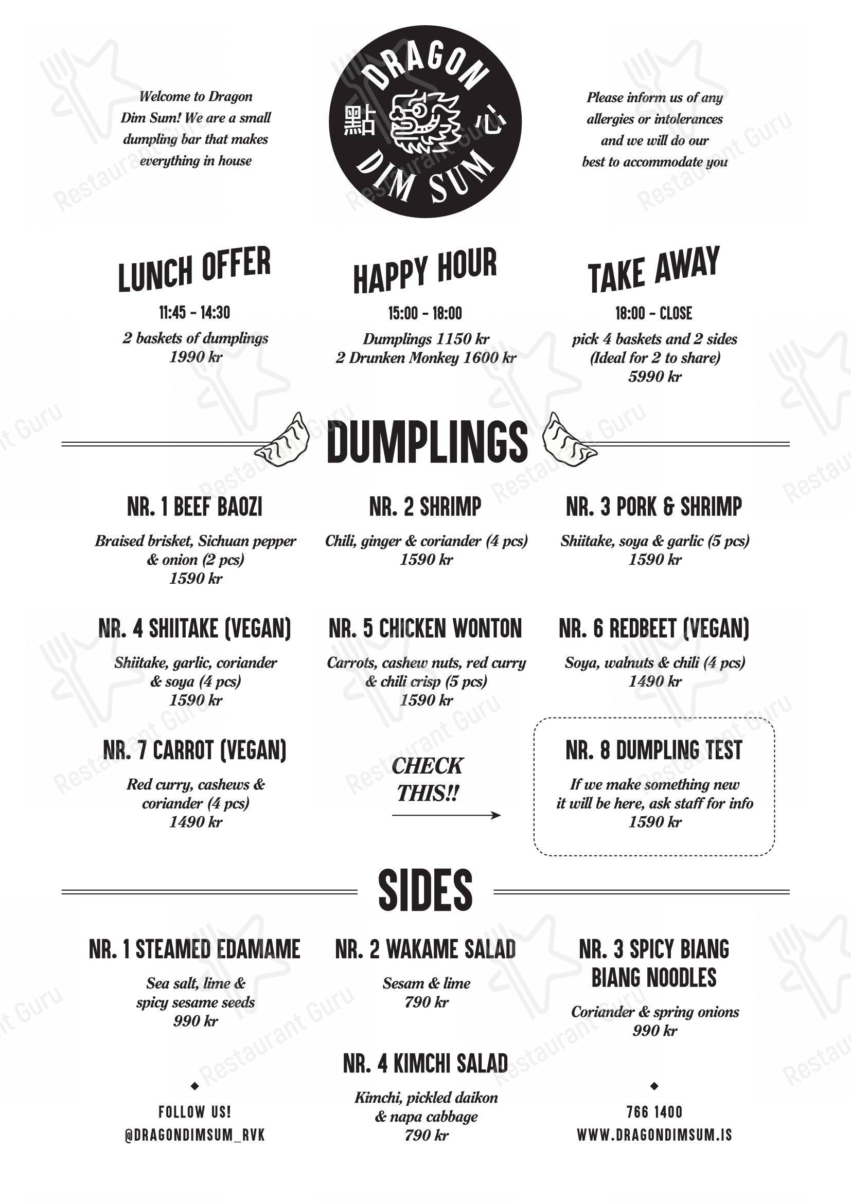 Menu at Dragon Dim Sum Reykjavik restaurant, Reykjavík