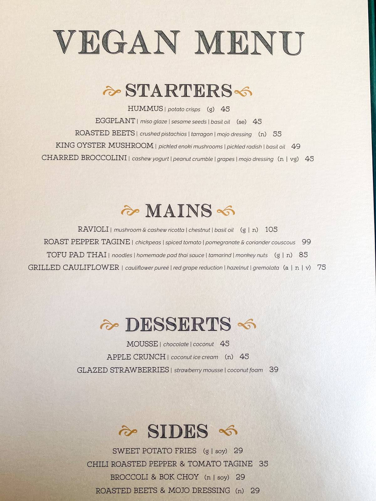 Menu at The Orangery restaurant, Dubai