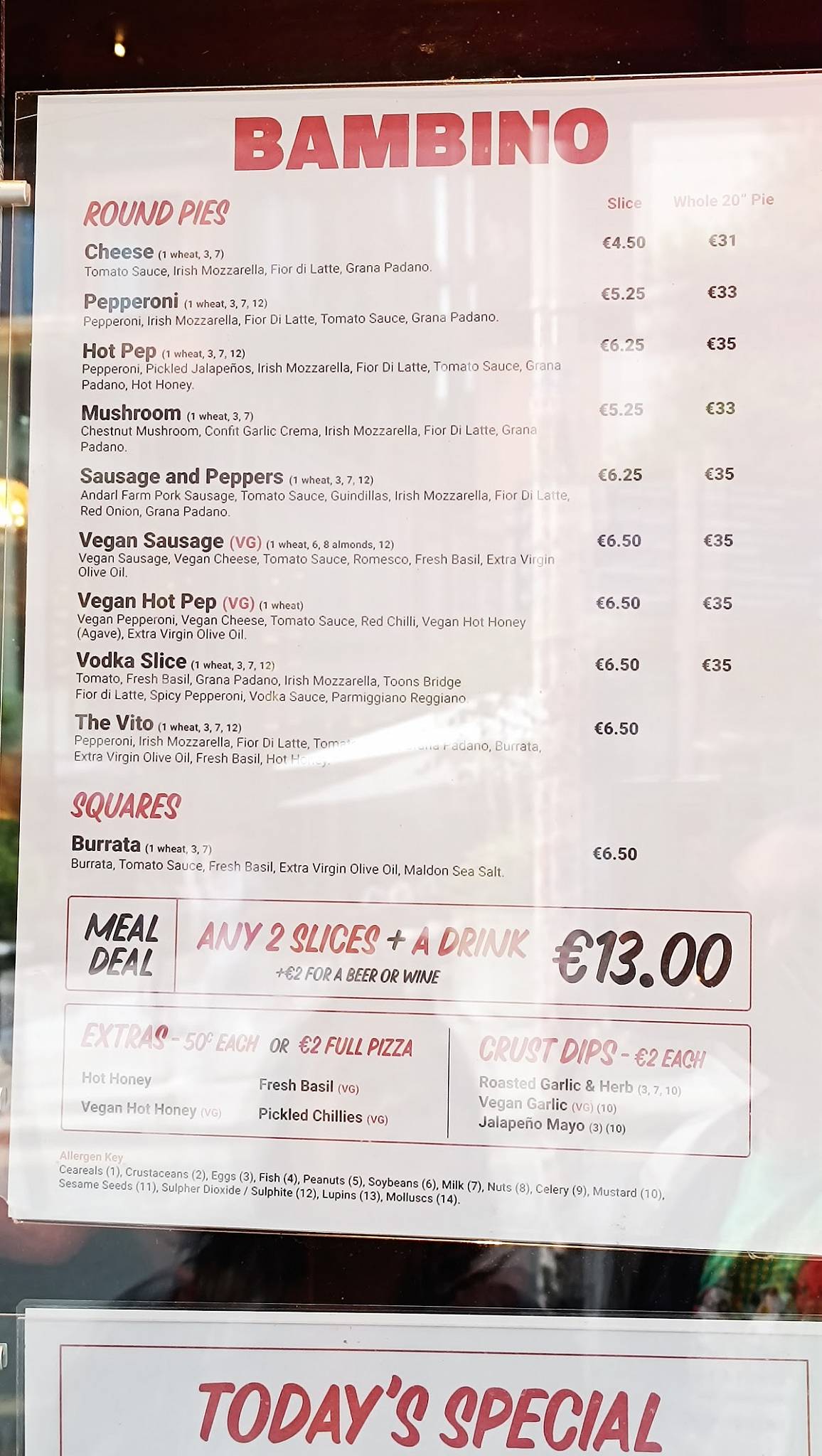 Menu at BAMBINO pizzeria, Dublin