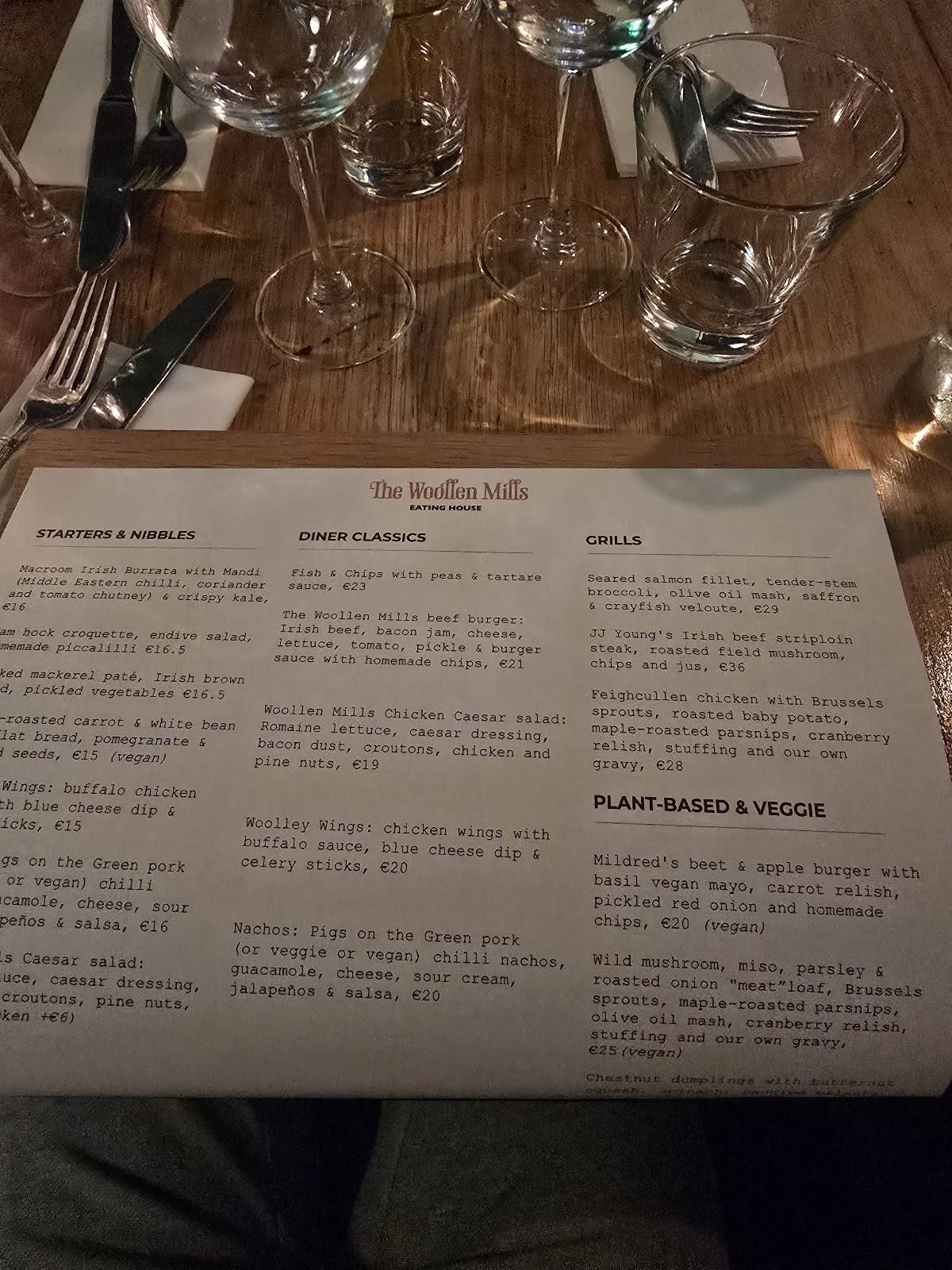 Menu at The Woollen Mills restaurant, Dublin