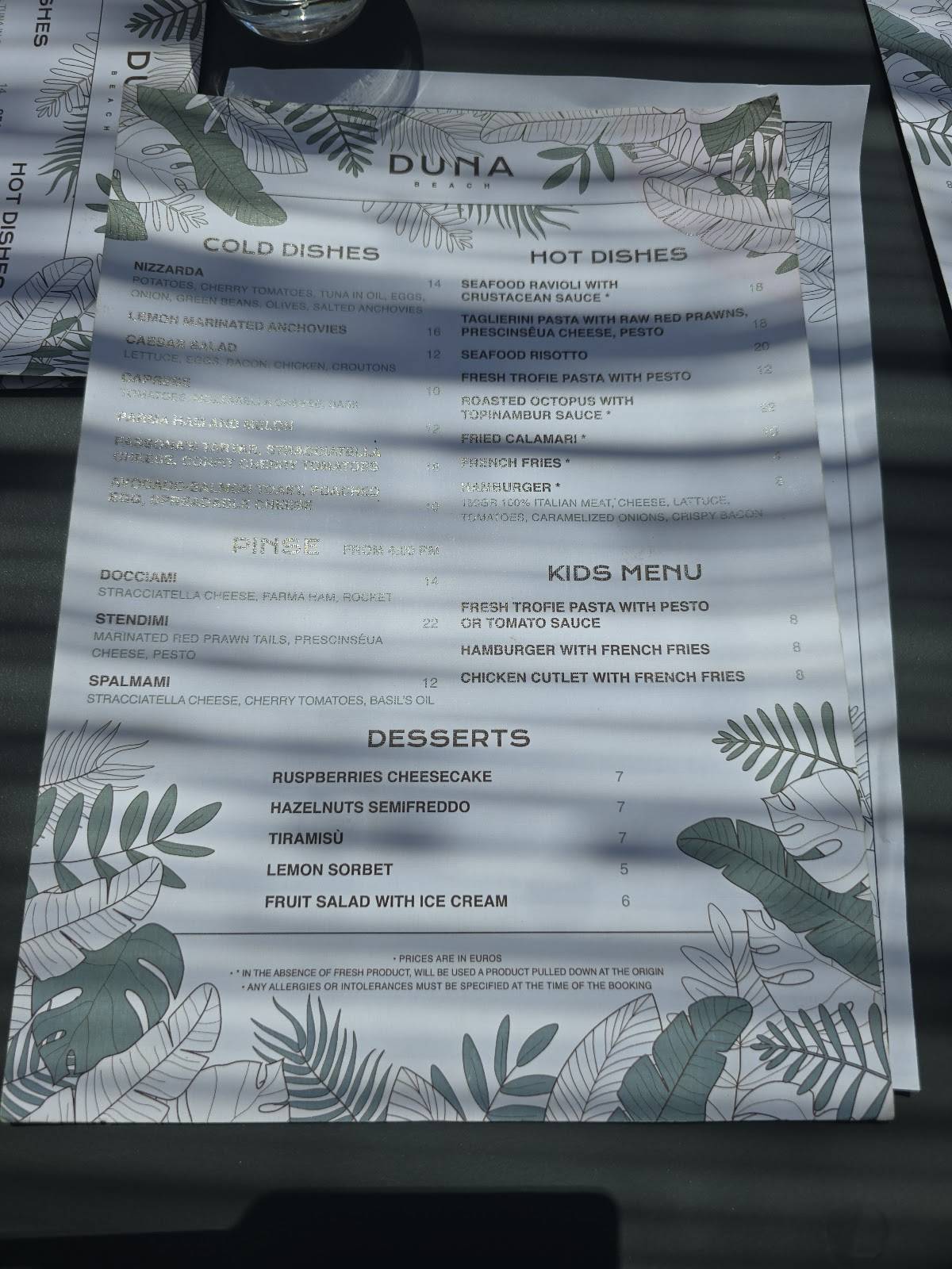 Menu au Duna Beach restaurant, Chiavari