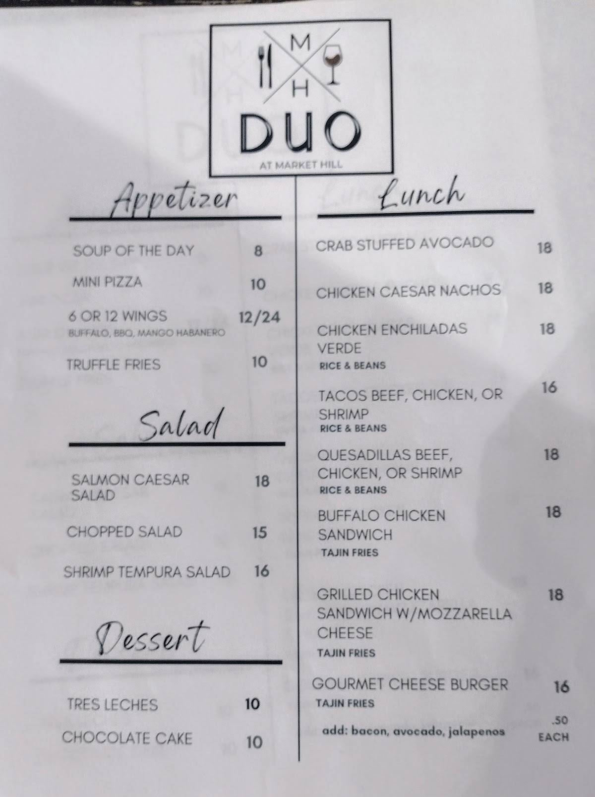 Menu at Duo Modern @ Market Hill pub & bar, Round Top