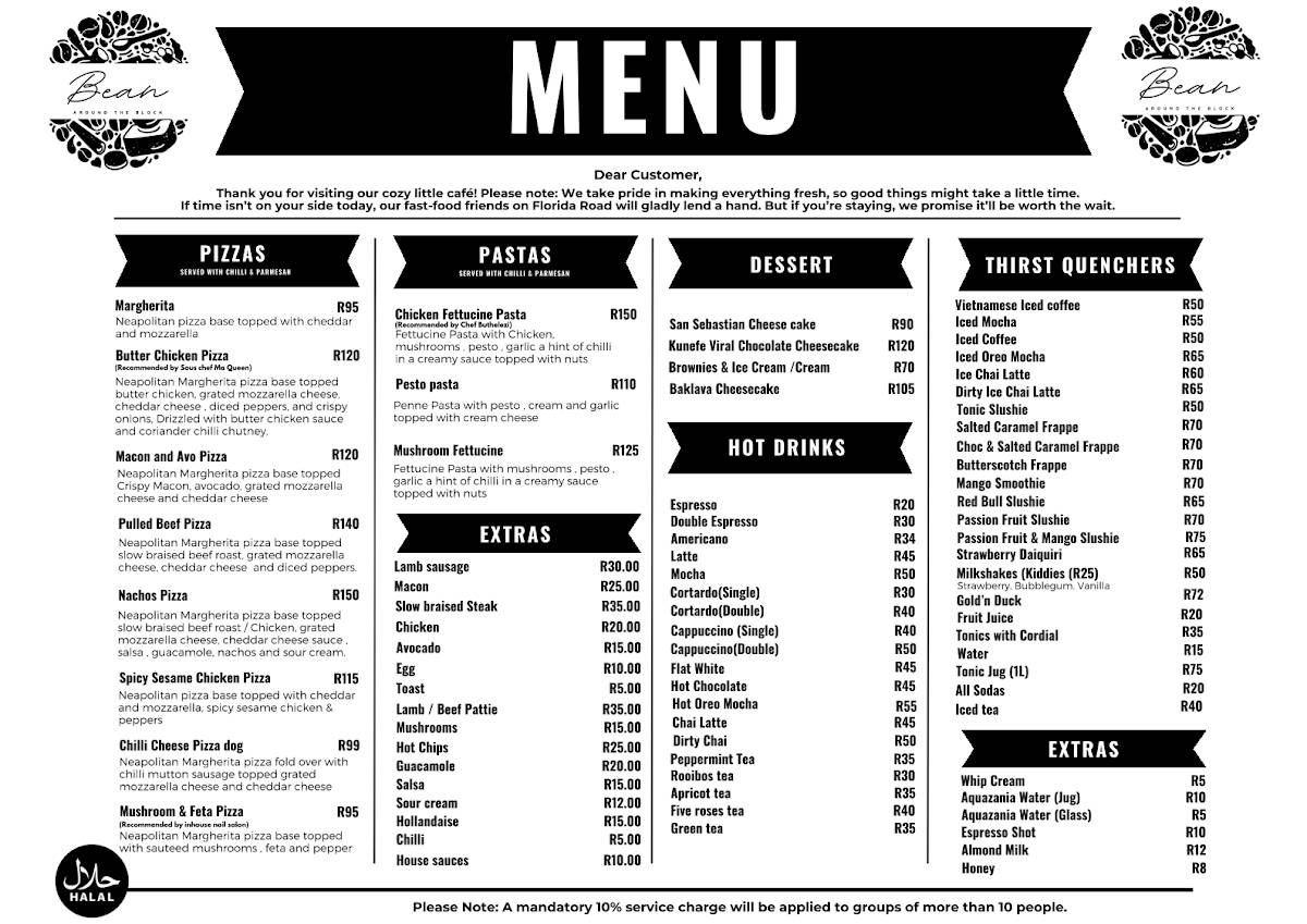 Menu at Bean Around the Block Cafe, Durban