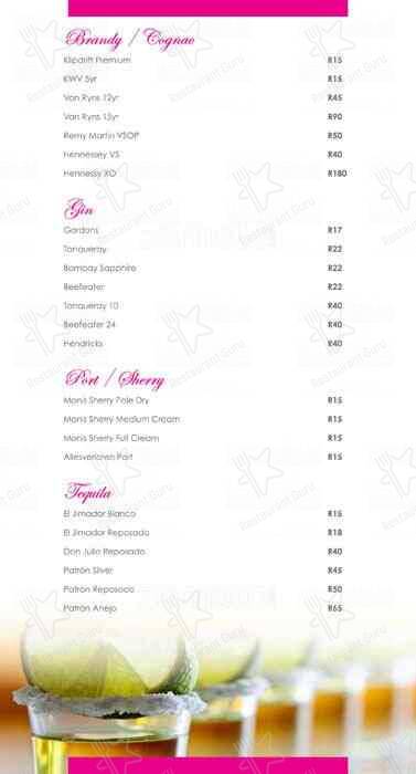 Menu at California Dreaming restaurant, Durban, 150 Marine Parade
