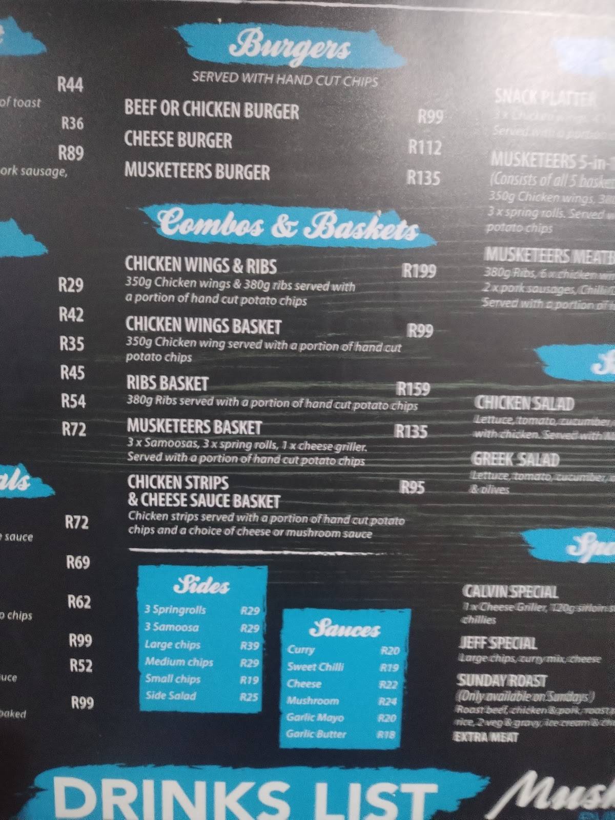 Меню Musketeers Bar & Restaurant, Дурбан