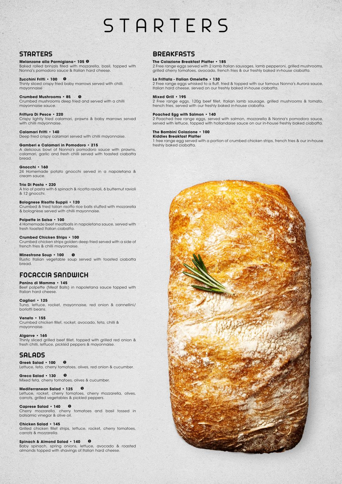 Menu at Nonna's Italian Kitchen Florida restaurant, Durban