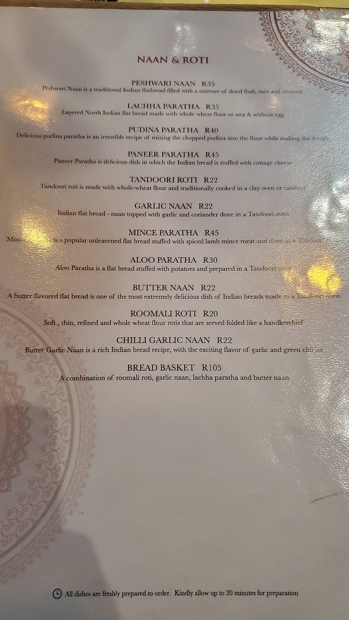 Menu at THE INCREDIBLE INDIA restaurant, Umhlanga