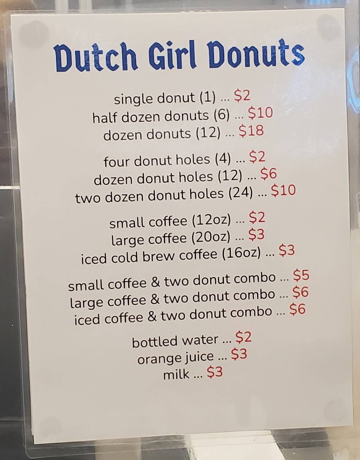 Menu at Dutch Girl Donuts, Detroit