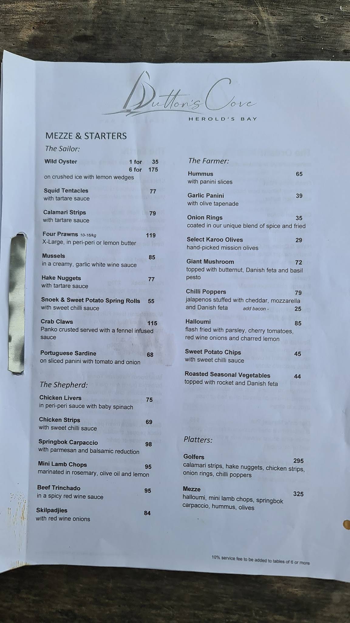 Menu at Dutton's Cove Restaurant, Herolds Bay