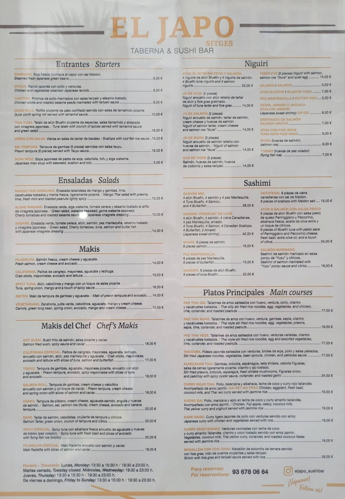 Carta de El Japo - Taberna & Sushibar, Sitges