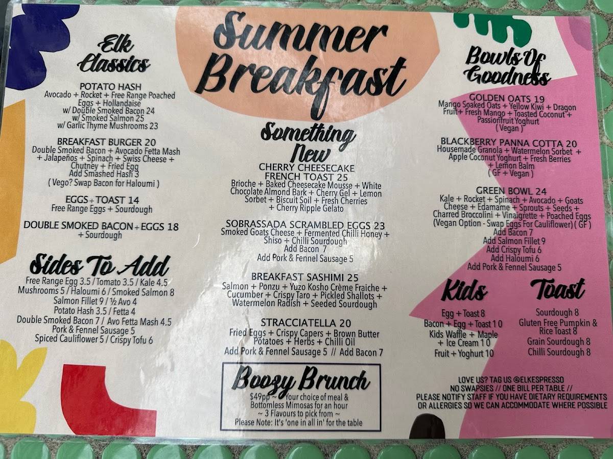 Menu at ELK Espresso cafe, Gold Coast, Shop G044 Oasis Shopping Centre