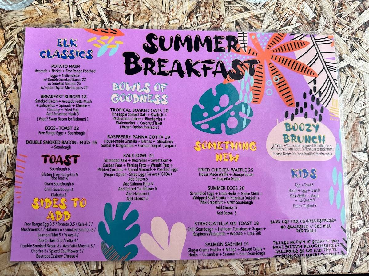 Menu at ELK Espresso cafe, Gold Coast, Shop G044 Oasis Shopping Centre