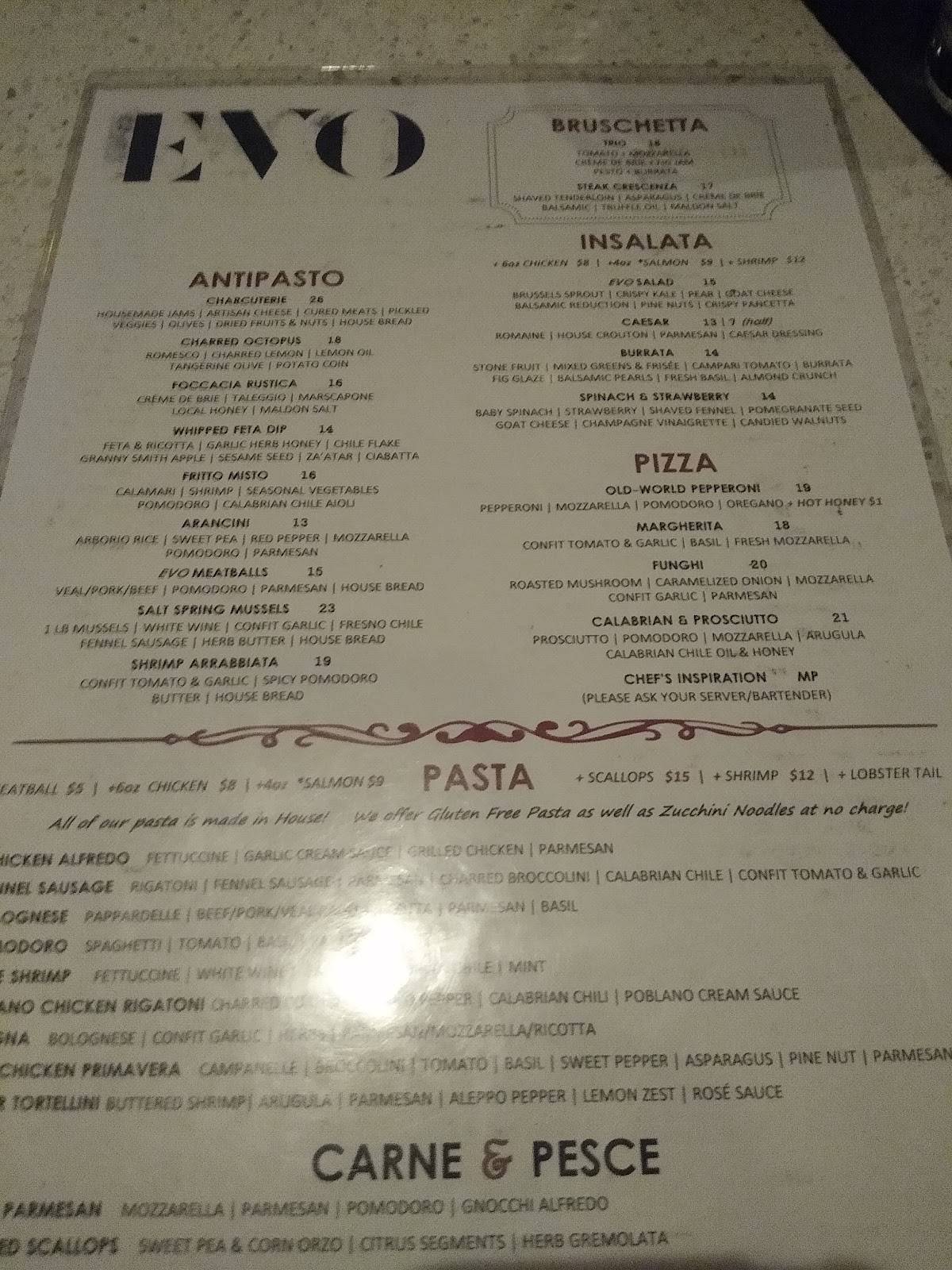 Menu at EVO Old Town Scottsdale restaurant, Scottsdale