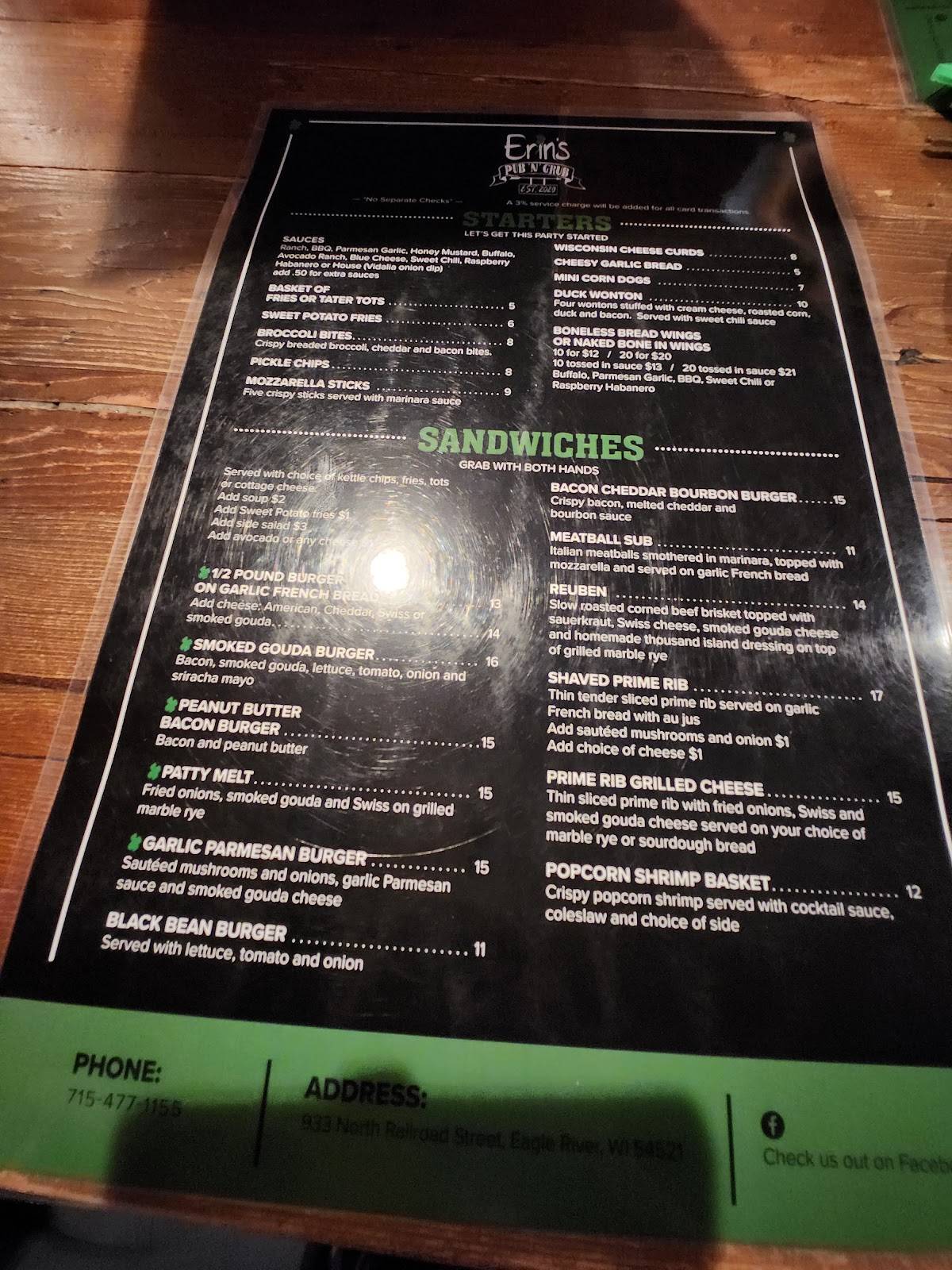Menu at Erin's Pub 'N' Grub, Eagle River