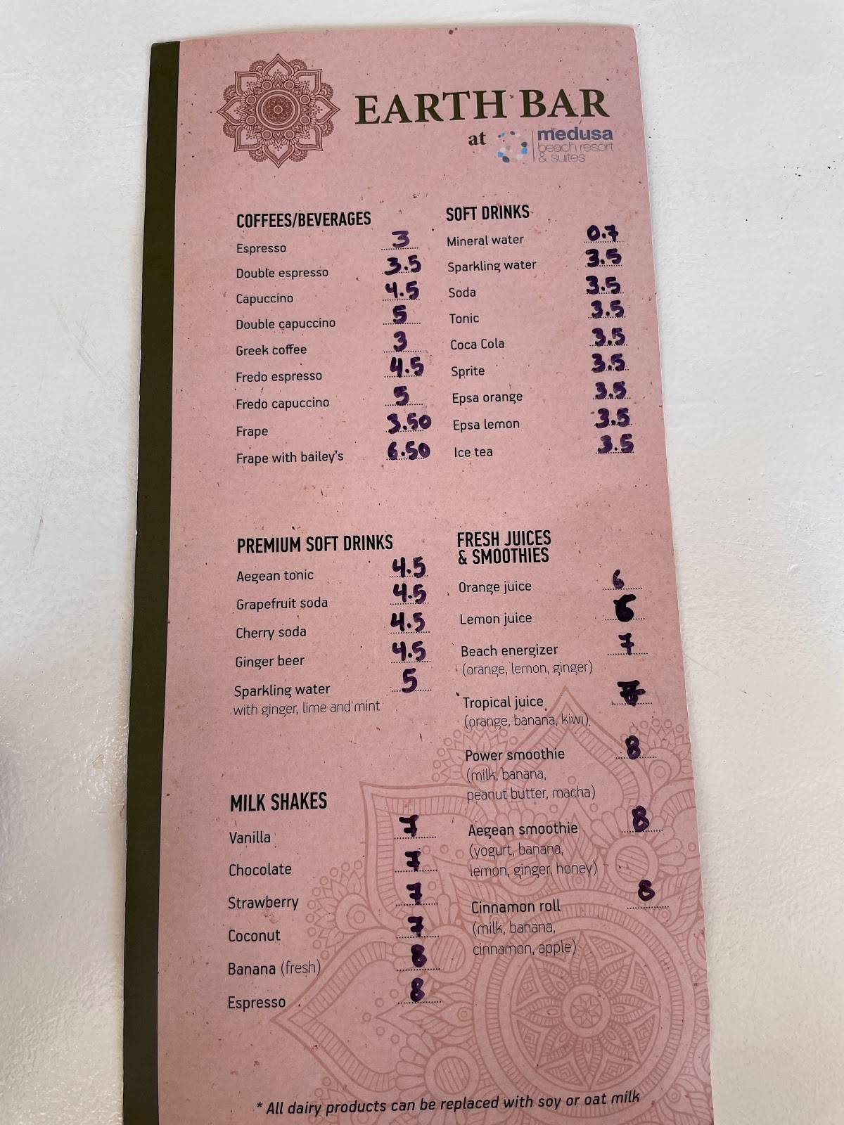 Menu at Earth Bar, Maragkas