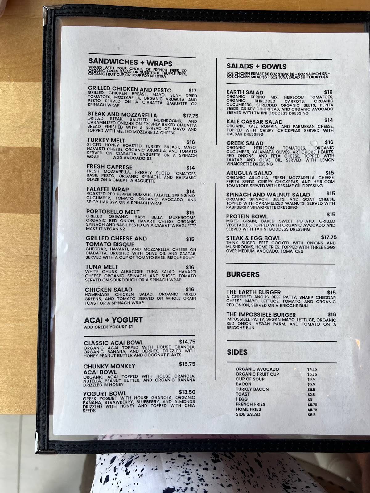 Menu at Earth Cafe, Myrtle Beach
