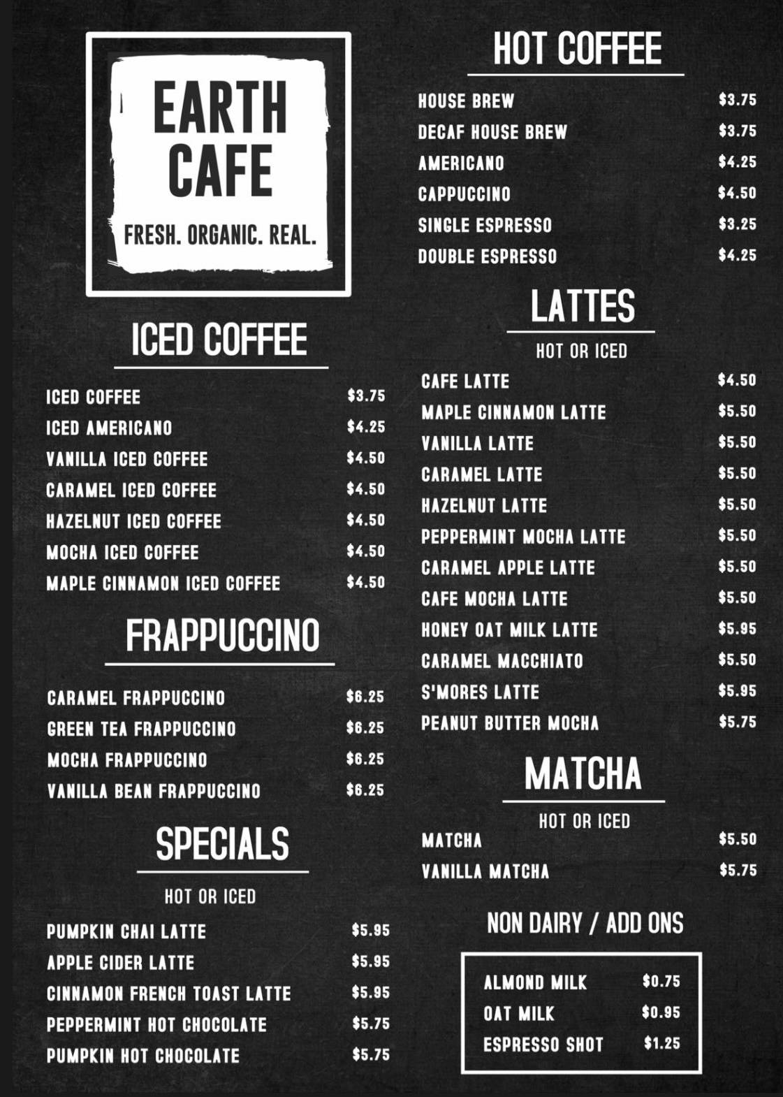 Menu at Earth Cafe, Myrtle Beach