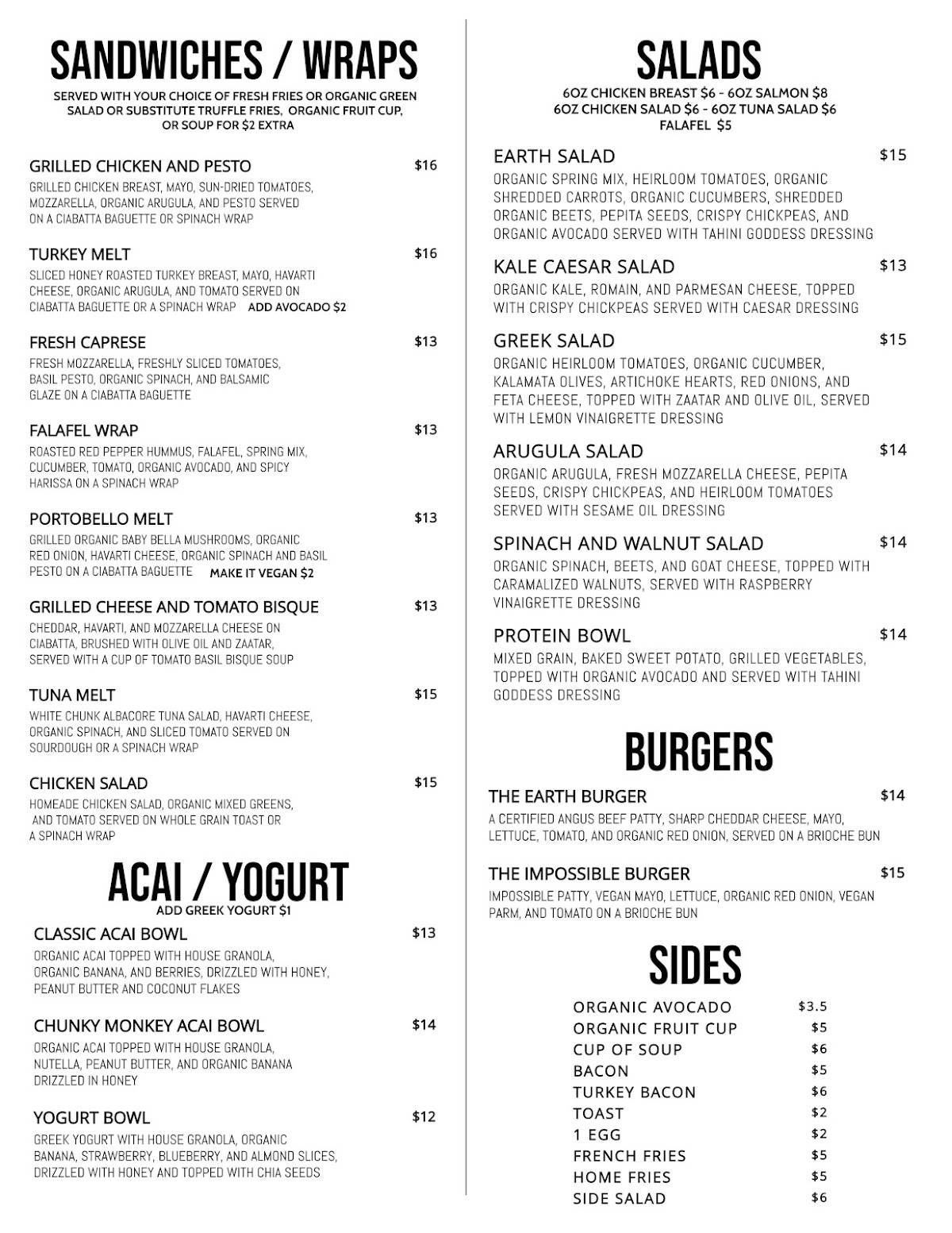 Menu at Earth Cafe, Myrtle Beach