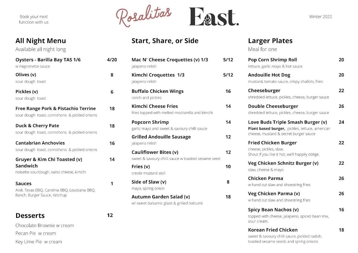Menu at East of Everything pub & bar, Hawthorn East
