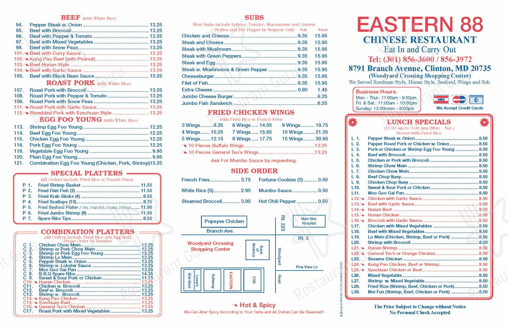 Menu at Eastern 88 Chinese Restaurant, Clinton