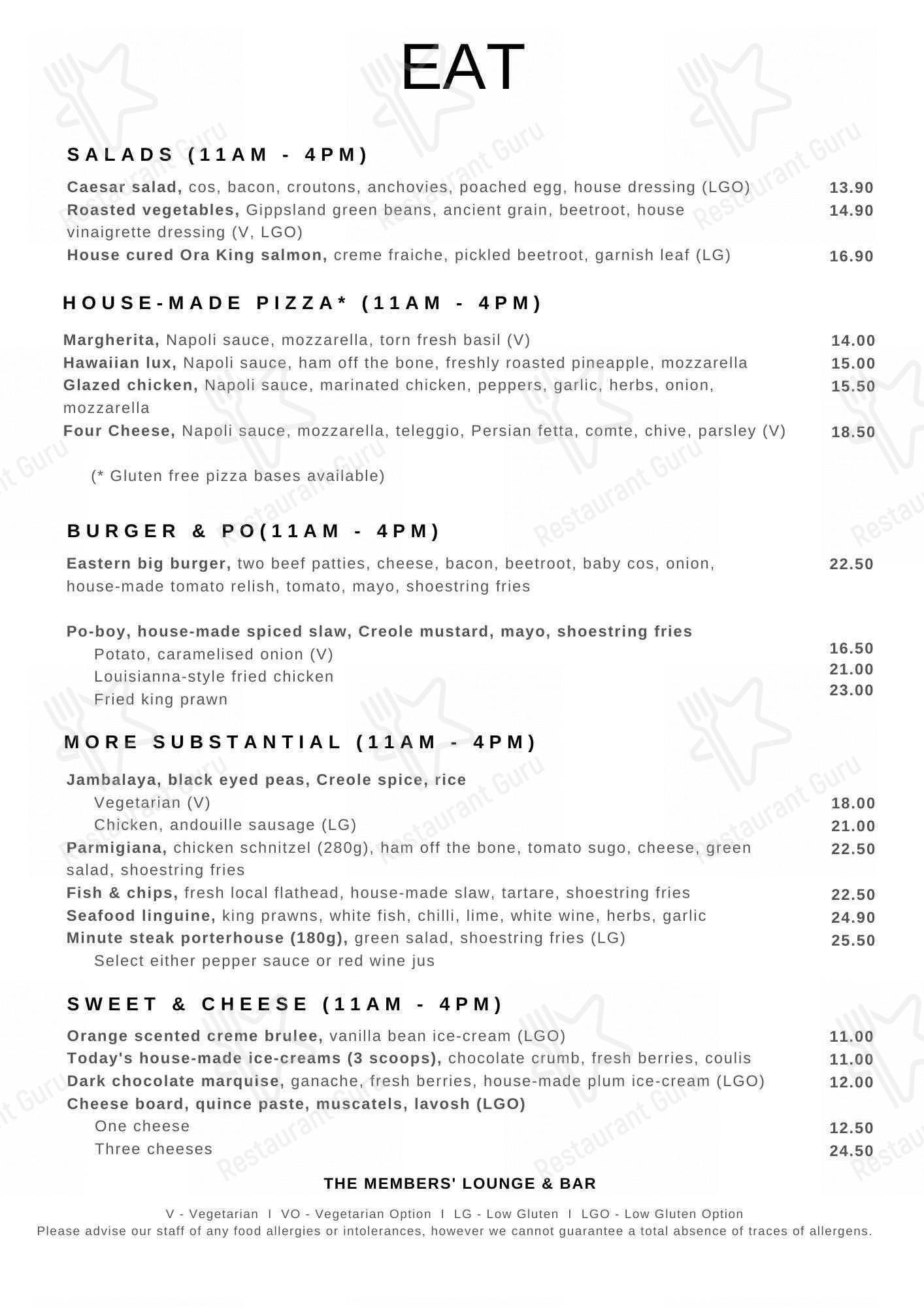 Menu at Eastern Golf Club, Yering