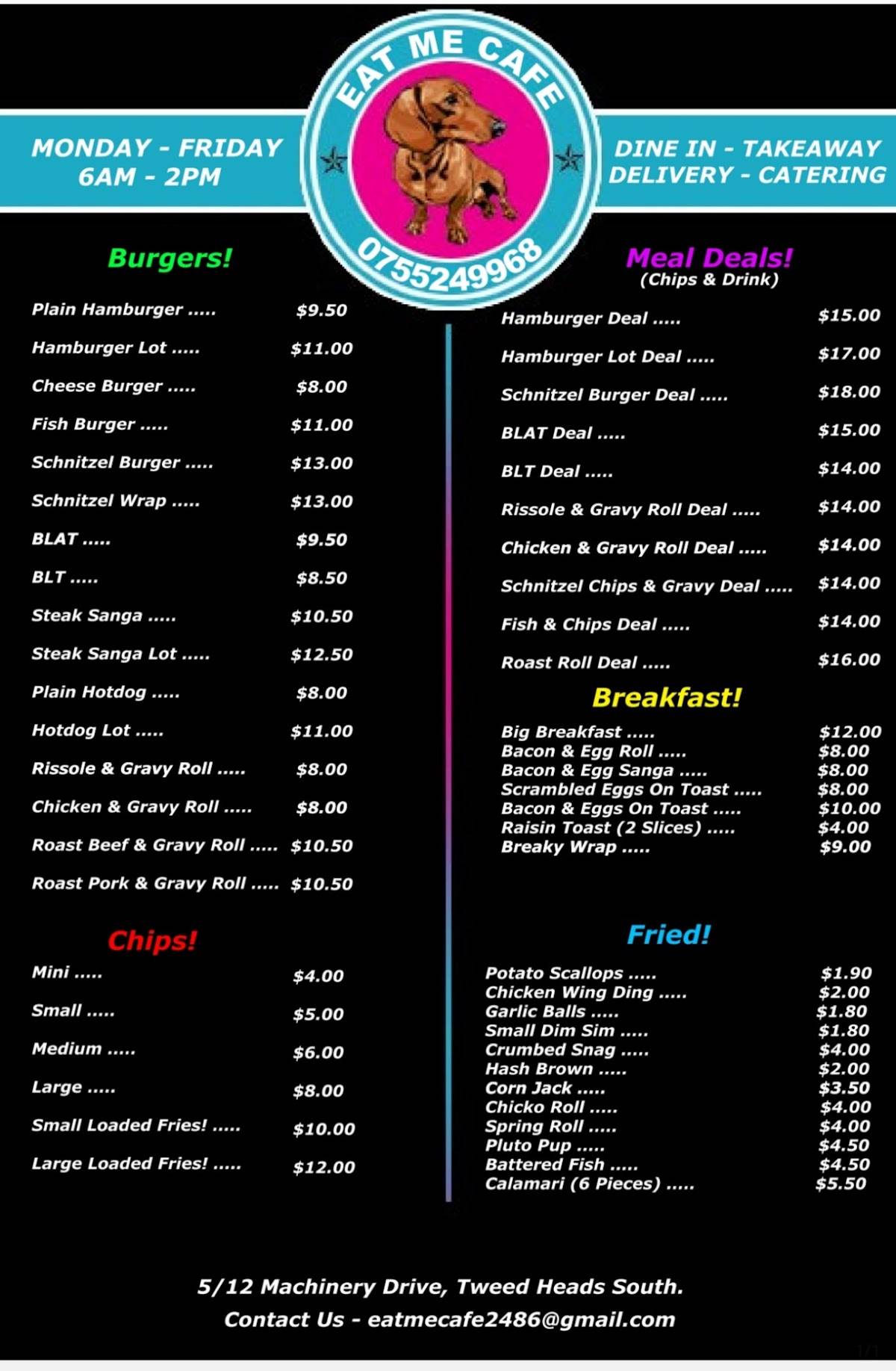 Menu at Eat Me Cafe, Tweed Heads South