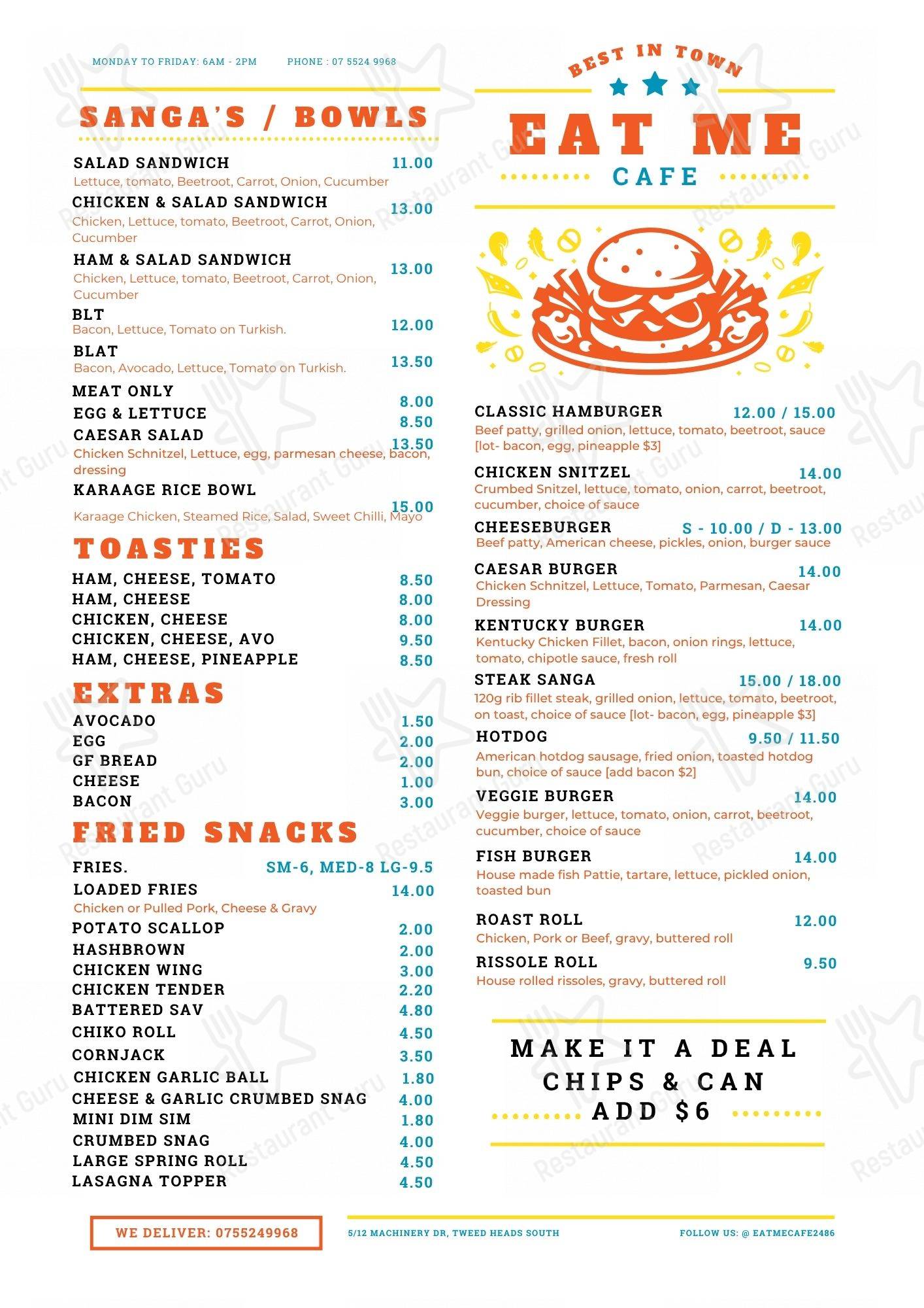 Menu at Eat Me Cafe, Tweed Heads South