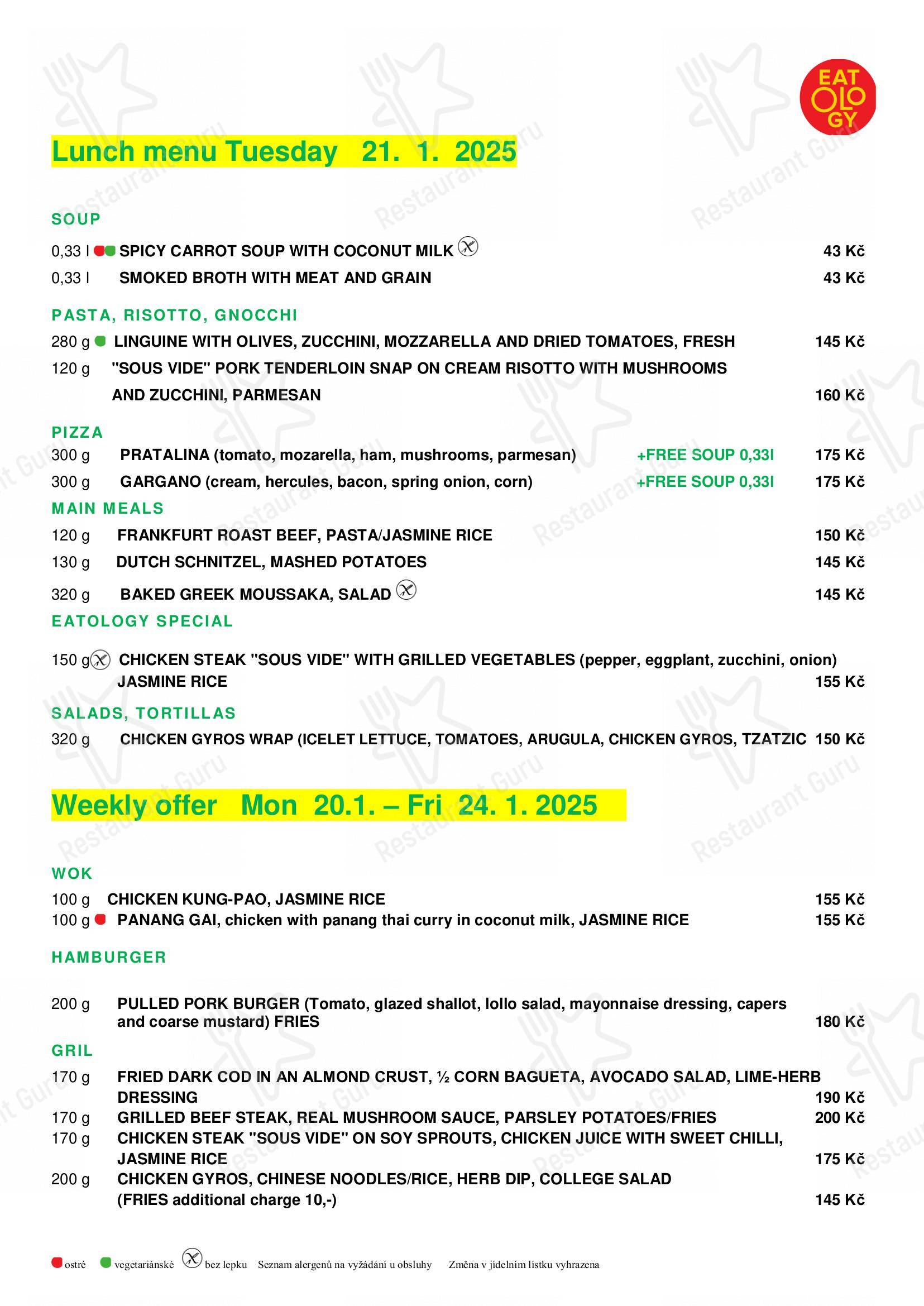 Menu at Eatology restaurant, Brno